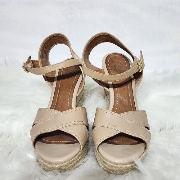 Clarks | Shoes | Clarks Tan Color Leather Rattan Wedge Sandals Size ...